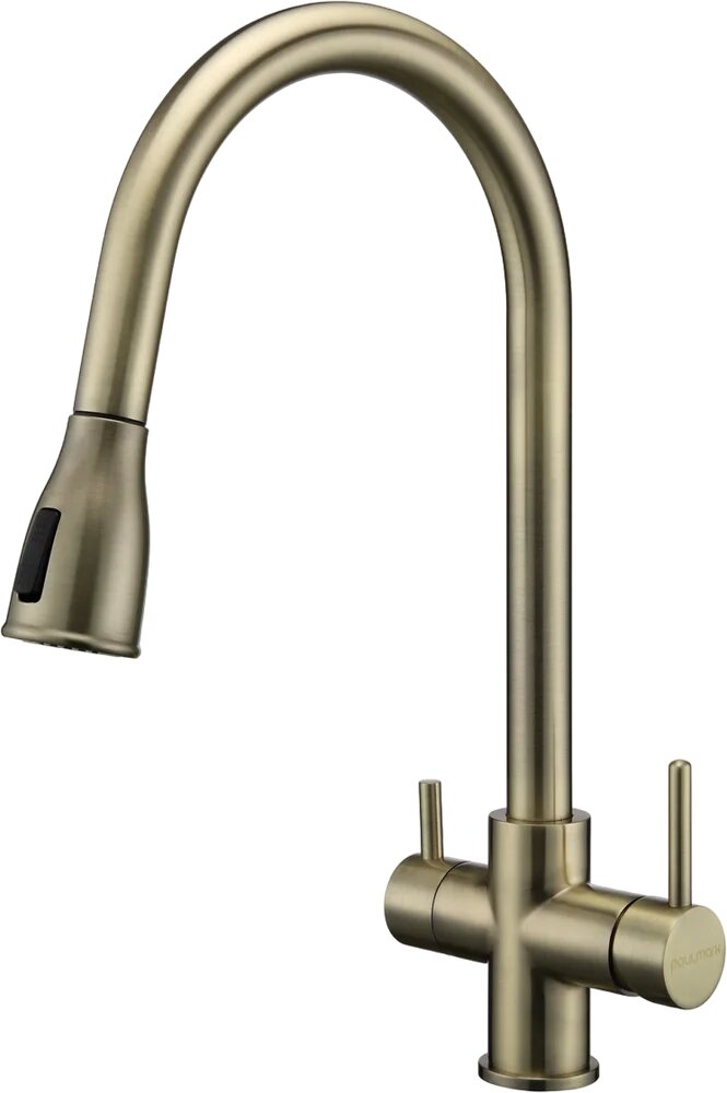 Смеситель для кухни Paulmark Lange 214212-BR с краном для питьевой воды, с поворотным изливом, бронзовый, однорычажный, латунный, с керамическим картриджем