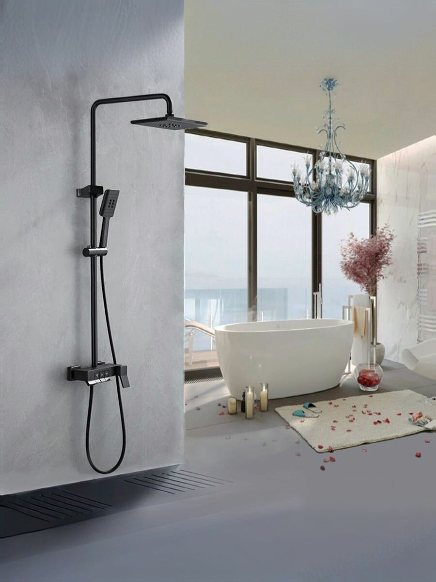 Душевая система (стойка) EKO ALMAes с тропическим душем и клавишным управлением черная матовая SDI-1814 латунь