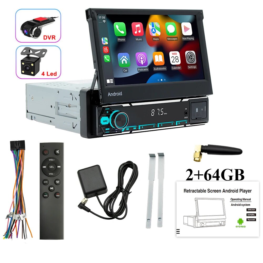Автомобильная магнитола реакosound 2 + 64 ГБ, 1 Din, универсальный mp5-плеер, Android, автомобильный CarPlay, 7-дюймовый выдвижной экран, стерео, мультимедийный видеоплеер 7 2-64cp 4LED DVR