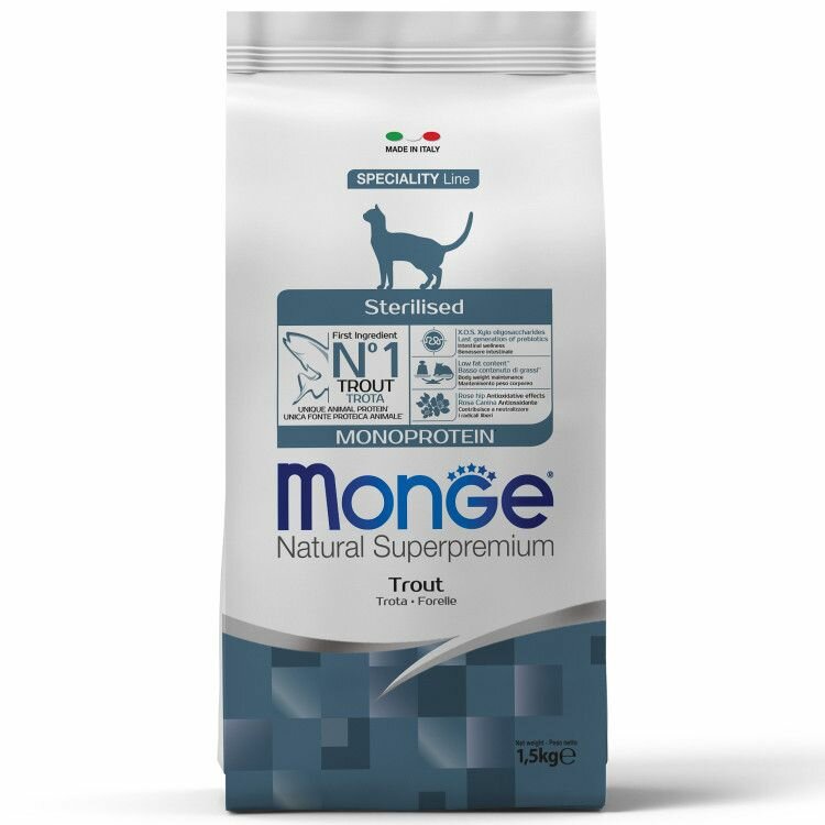 Сухой корм Monge Cat Speciality Line Monoprotein Sterilised для стерилизованных кошек, из форели, 1.5 кг