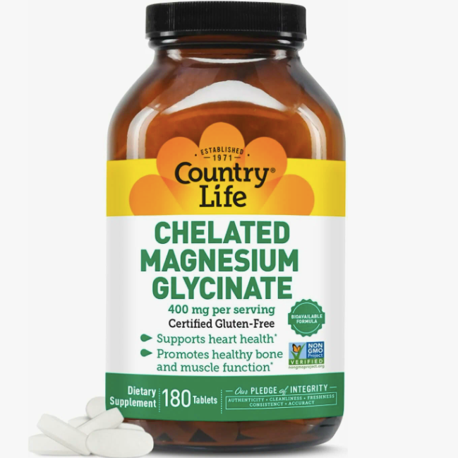 Country Life, Магний глицинат, Chelated Magnesium Glycinate, 400 мг, 180 таблеток