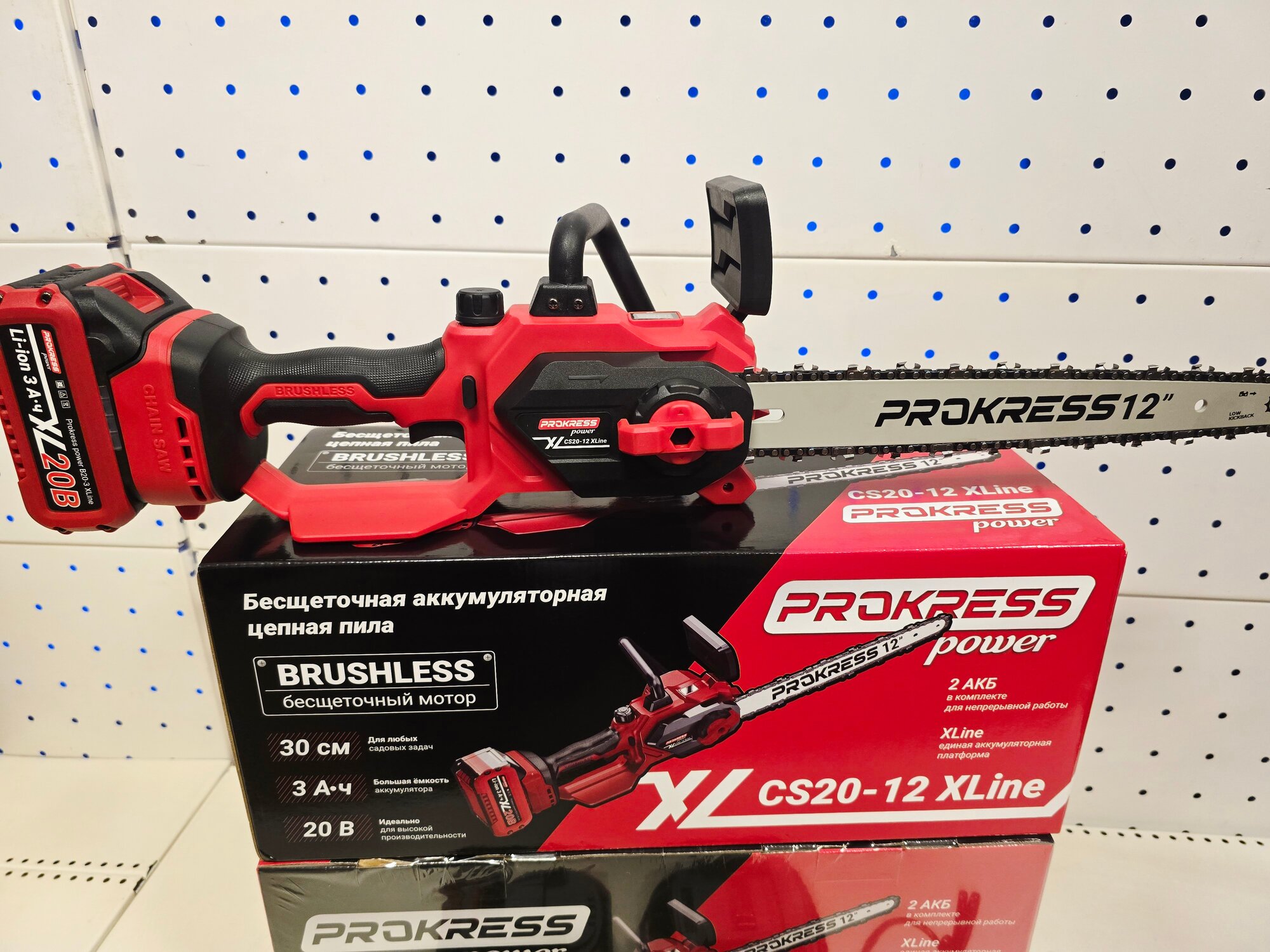 Мини-пила цепная для сада и стройки Prokress CS20-12 XLine, шина 12"/30см, 21В/3Ач, бесщеточная