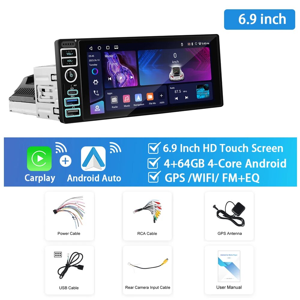 Podofo 6,9 'сенсорный экран авторадио 4 + 64G 1Din мультимедийный плеер WIFI GPS эквалайзер Carplay Android Auto Mirror link FM/RDS автомобильная стереосистема, 4 64G