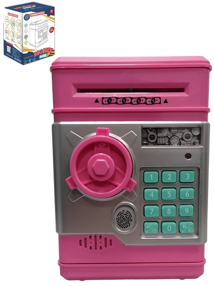 Детская копилка Сейф для монет и бумажных денег, на батарейках, розовая