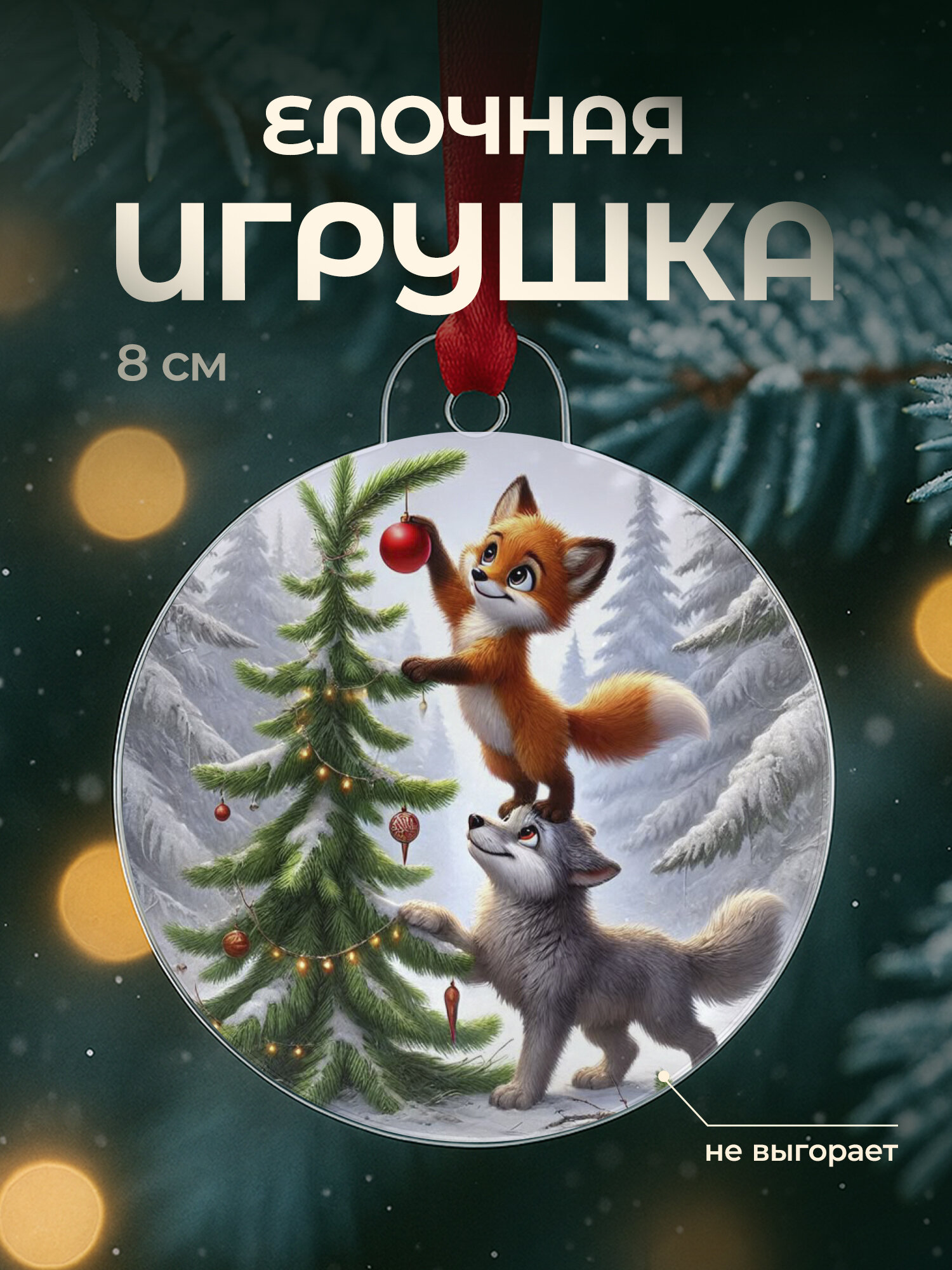 Елочная игрушка новогодняя плоская, акрил, 8 см с принтом волк и лиса в сказочном стиле