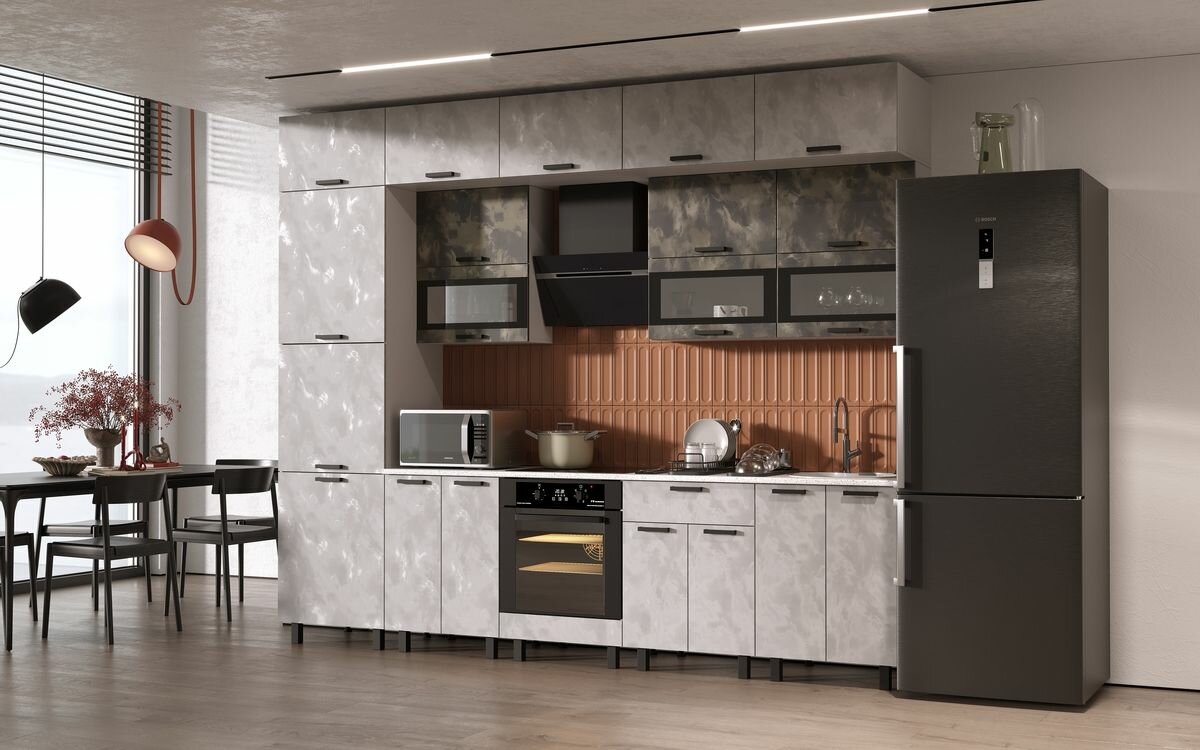 Кухня Техно 3,0 м. Компоновка №2 Мальта/Мальта Грей, Белый (Антарес)