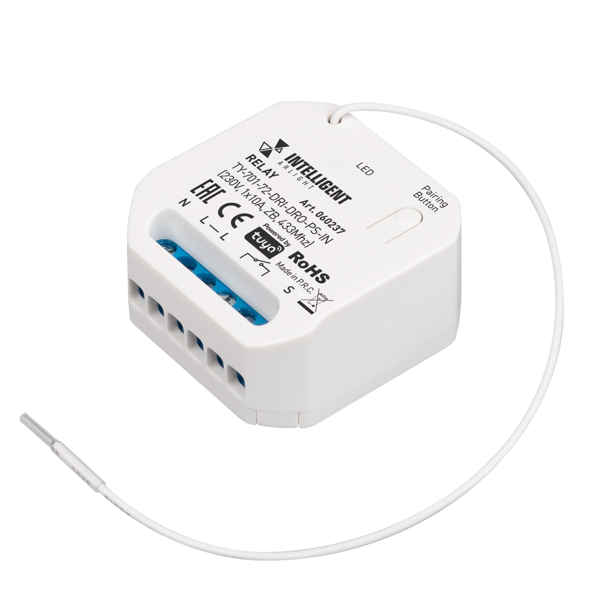 Лампы светодиодные Arlight INTELLIGENT ARLIGHT Релейный модуль TY-701-72-DRI-DRO-PS-IN (230V, 1x10A, ZB, 433Mhz) (IARL, IP20 Пластик, 3 года)