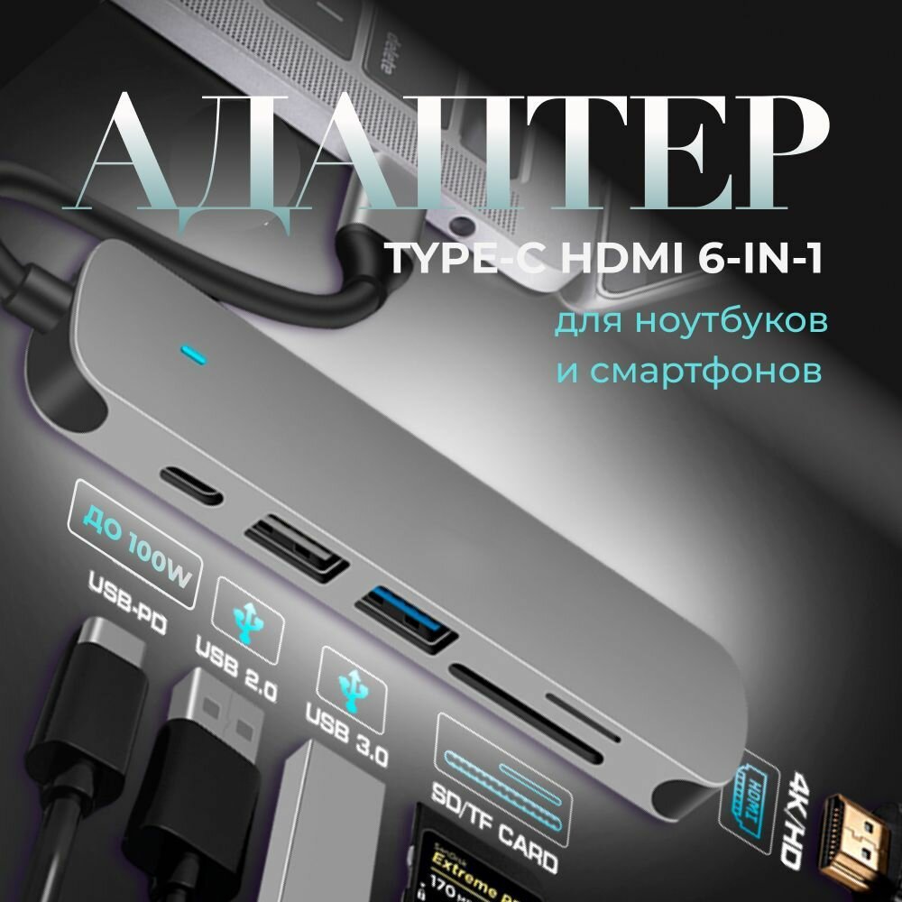 USB-концентратор Хвойные Истории HUB, 6 в 1, USB Type C, 109x29x12 мм