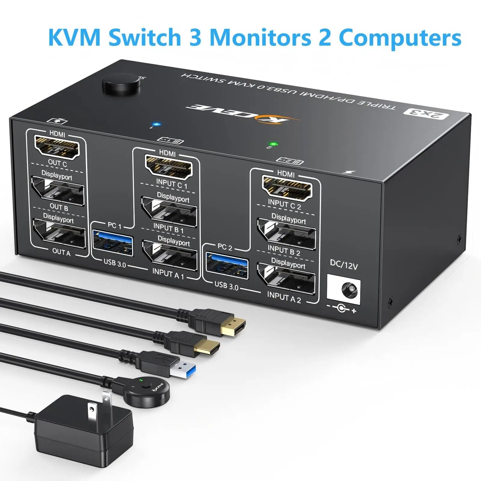 AIMOS KVM-переключатель 3 монитора HDMI+DP 2/3/4 ПК 2 IN 3 OUT, EU Power Adapter
