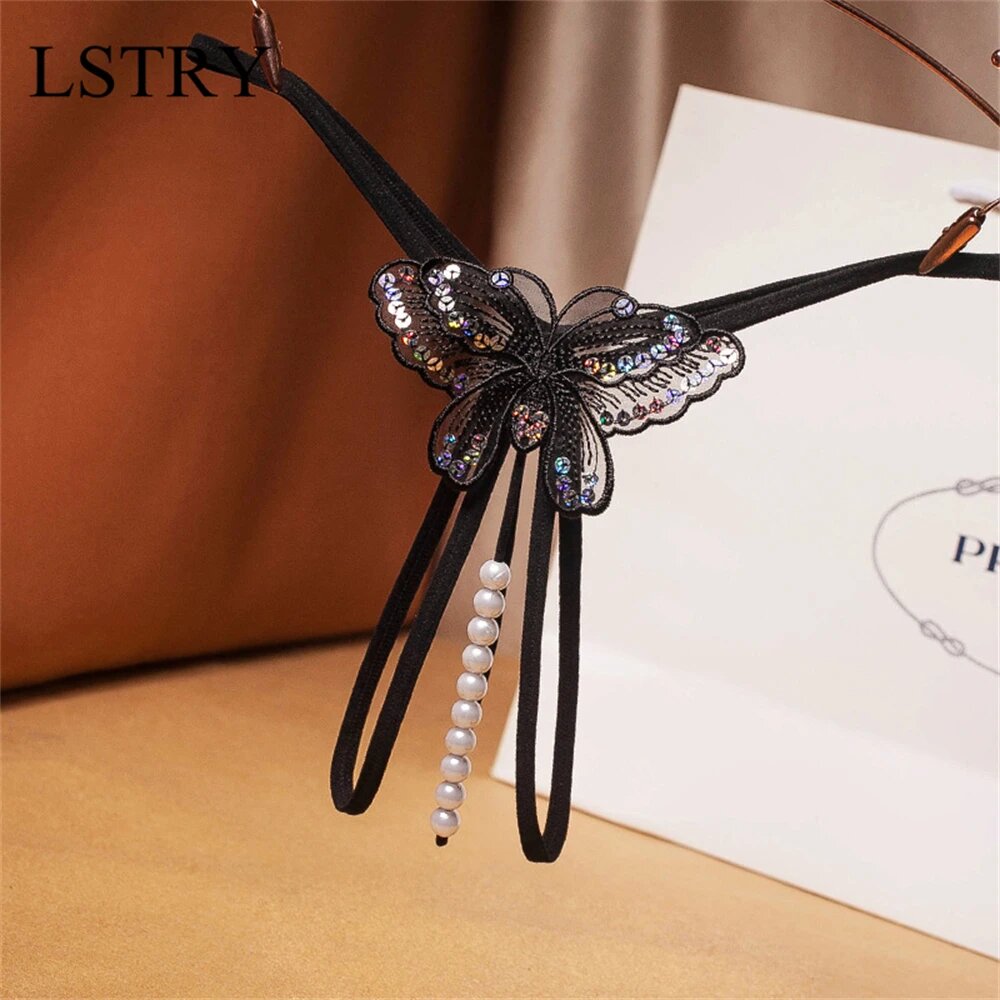 Новинка 2025, трусики с вышивкой и бабочкой и жемчугом, сексуальное женское белье, секс-стринги, женское эротическое нижнее белье с открытой промежностью, массажные трусики M1-Black