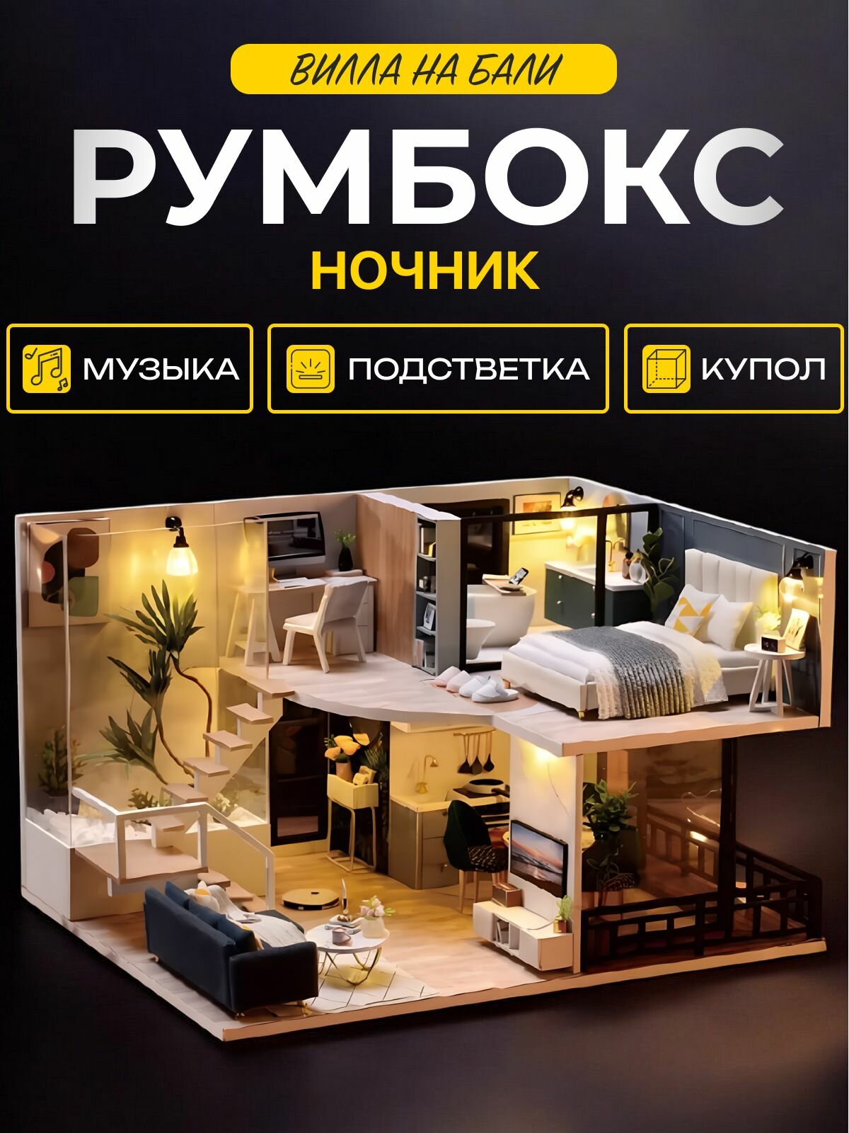 Румбокс DIY. Подарочный интерьерный конструктор Hongda "Дом на улице Роз", сборная модель дома со светом и куполом.