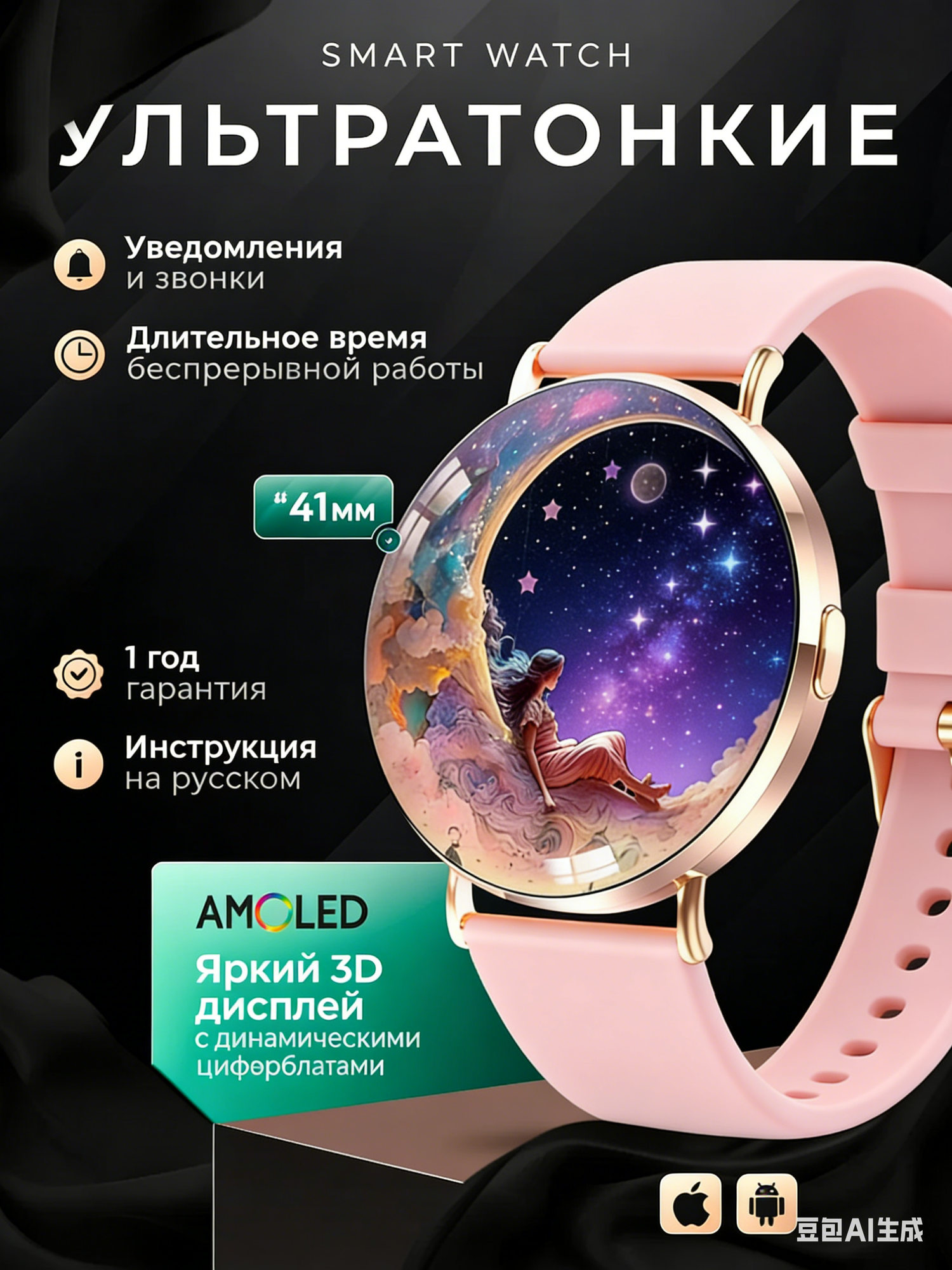 Умные часы Xiaomi KM88, GPS, круглые, AMOLED, ремешок из силикона, розовые