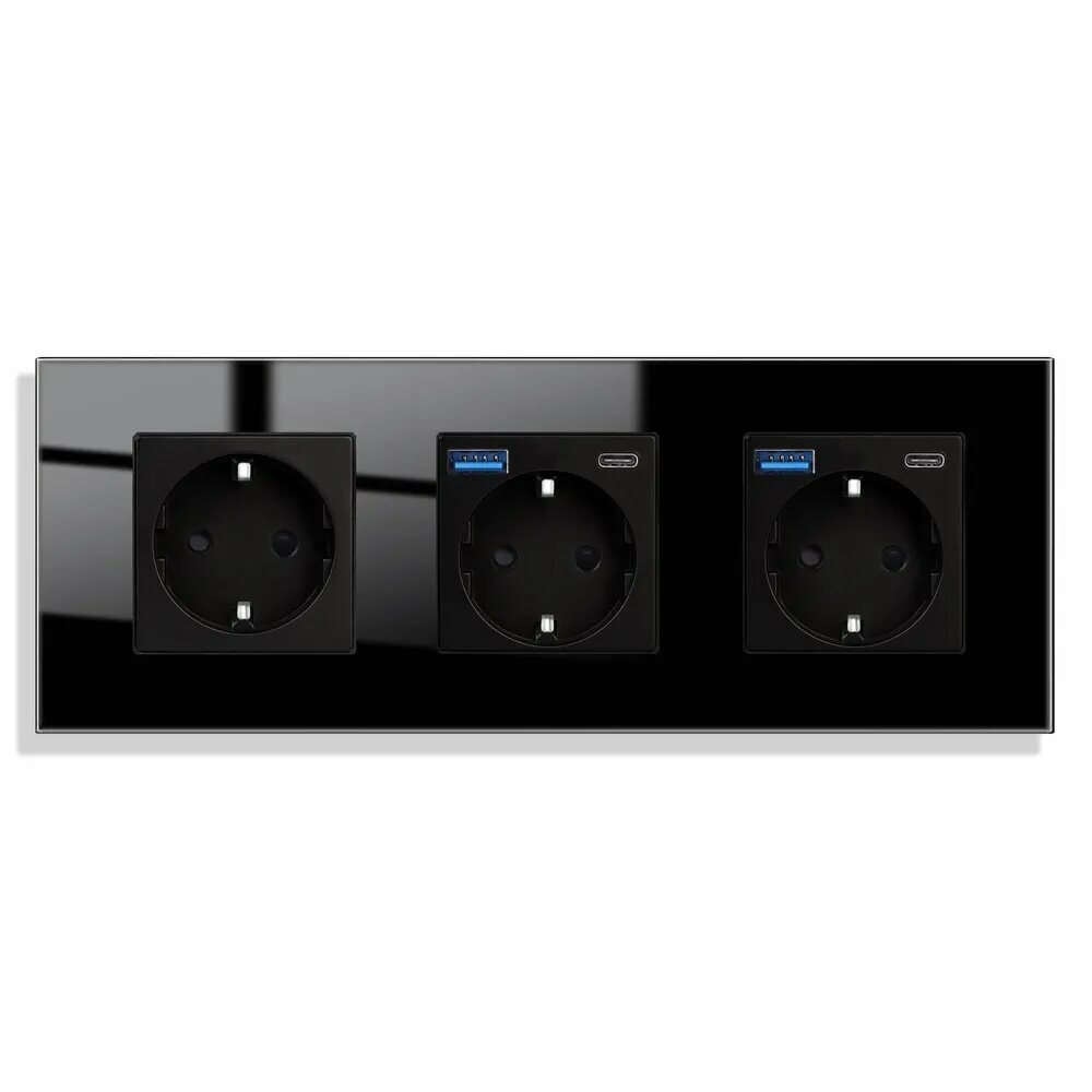 Розетка тройная 3 поста с usb и type c 20W Быстрая зарядка, 16А 250В, со шторками, рамка закаленное стекло, цвет черное,1шт.
