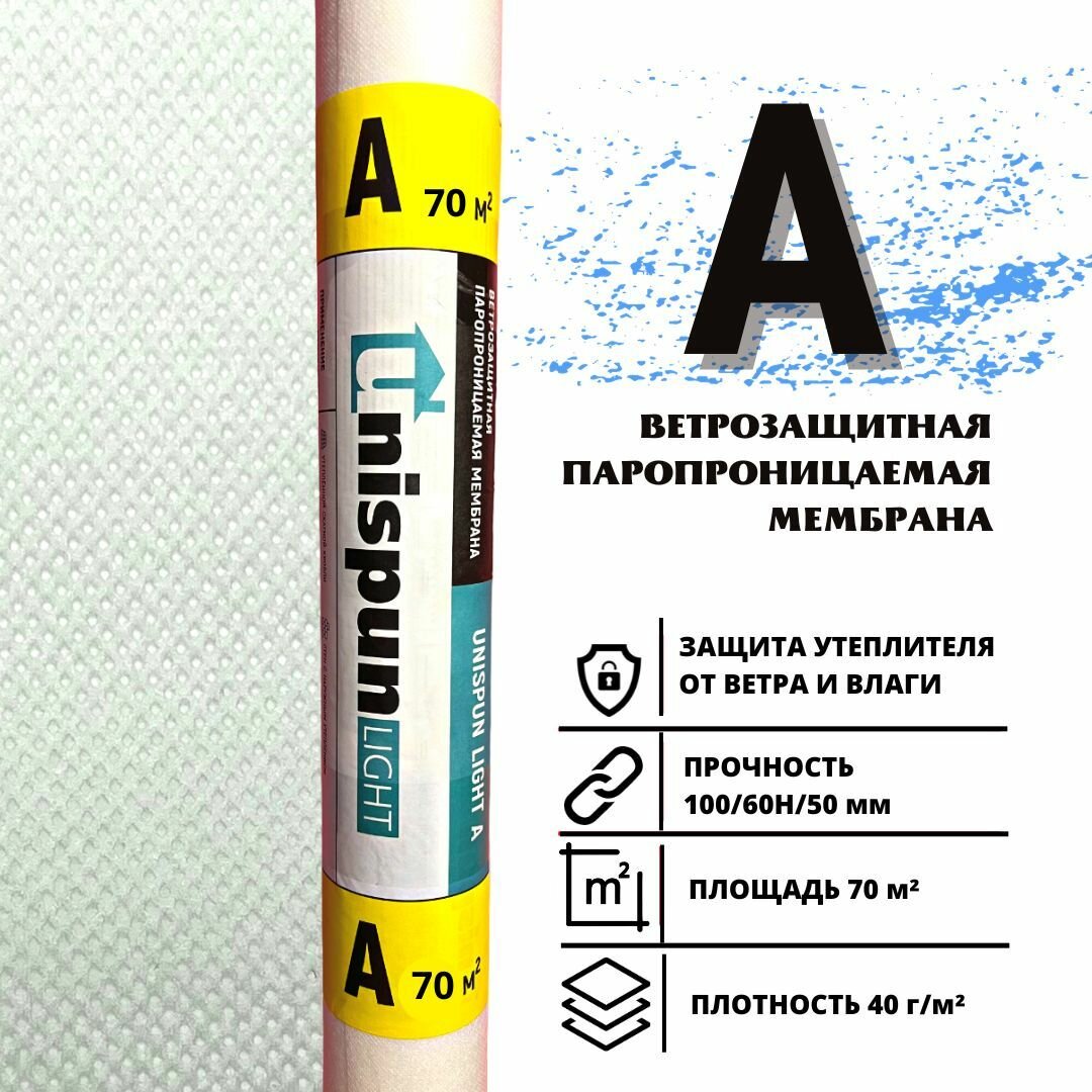 Юниспан А 70 м. кв. ветрозащитная диффузионная мембрана, пленка паропроницаемая, ветрозащита для стен, перекрытий и вентилируемых фасадов