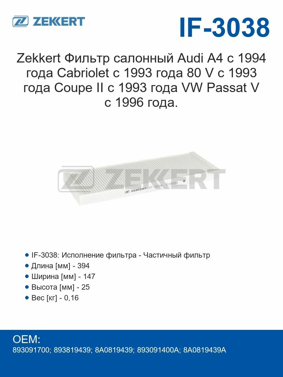 Zekkert Фильтр салонный Audi A4 с 1994 года Cabriolet с 1993 года 80 V с 1993 года Coupe II с 1993 года VW Passat V с 1996 года.