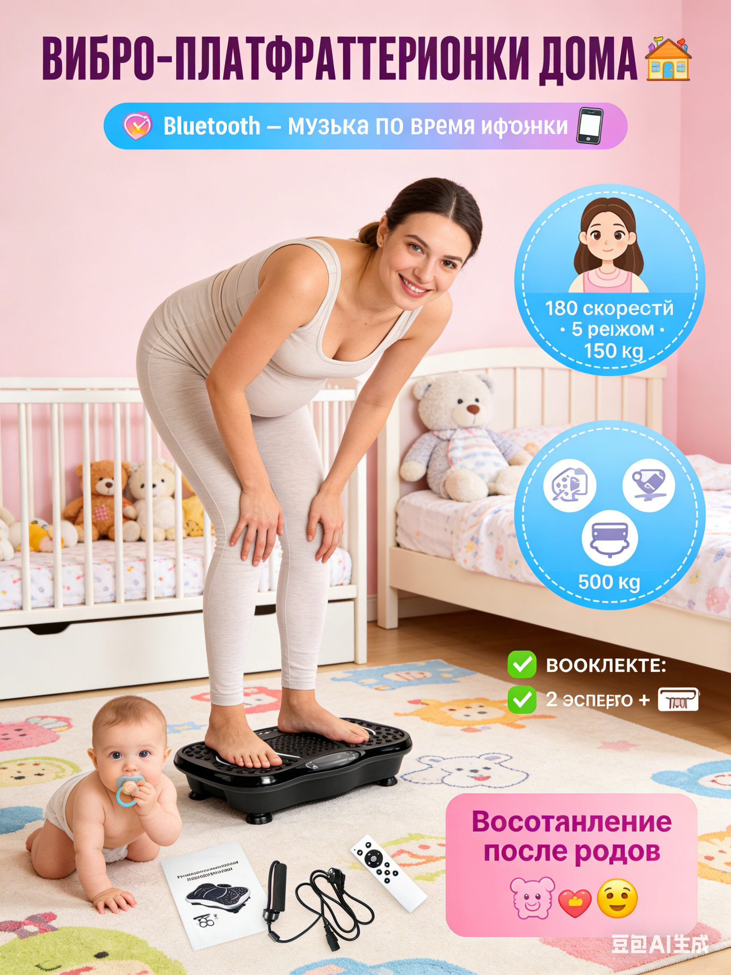 Виброплатформа для похудения, тренажёр для занятий дома, 99 скоростей, эспандеры 2 шт, черный с Bluetooth