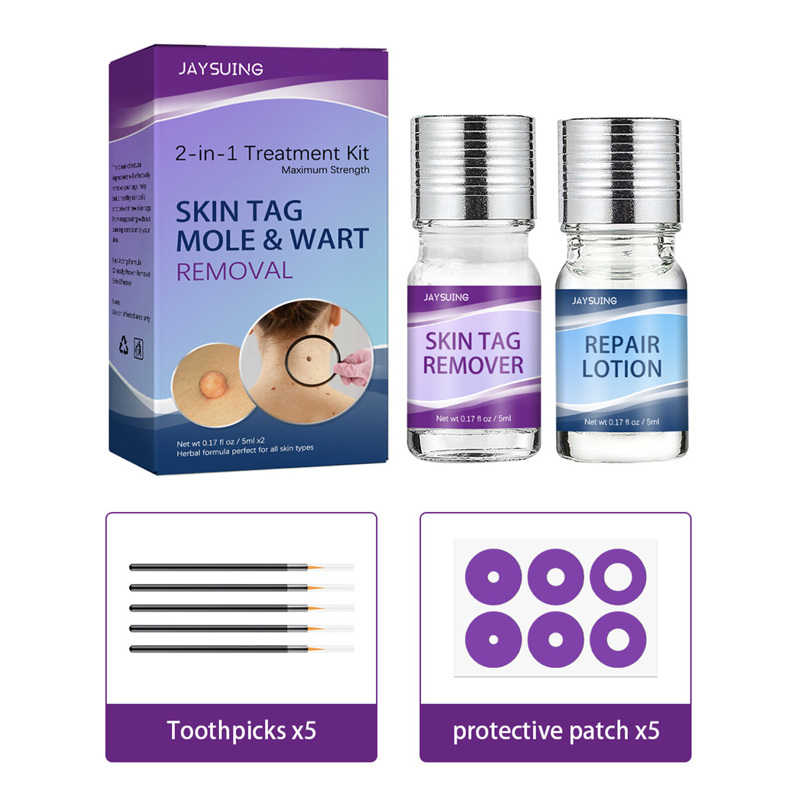 Jaysuing Remove Wart Liquid Stinger Wart Remove Cream для шеи лица кожи выростов подмышечных остроконечных шелочков, 1* удалятель шелочков, 1* лосьон для восстановления, 5* зубочисток, 5* защитных патчей, размер бутылки 54*20мм, патч 80*50мм, зубочистки