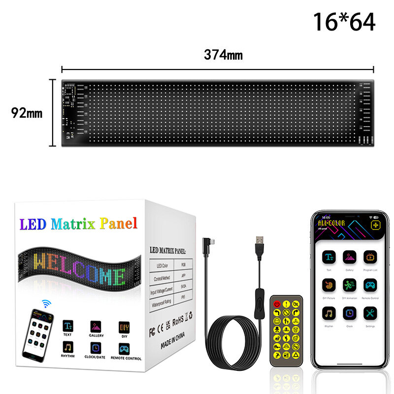 Гибкий светодиодный экран для автомобиля 16x64 пикселя с USB Bluetooth, умный дисплей для приборной панели,