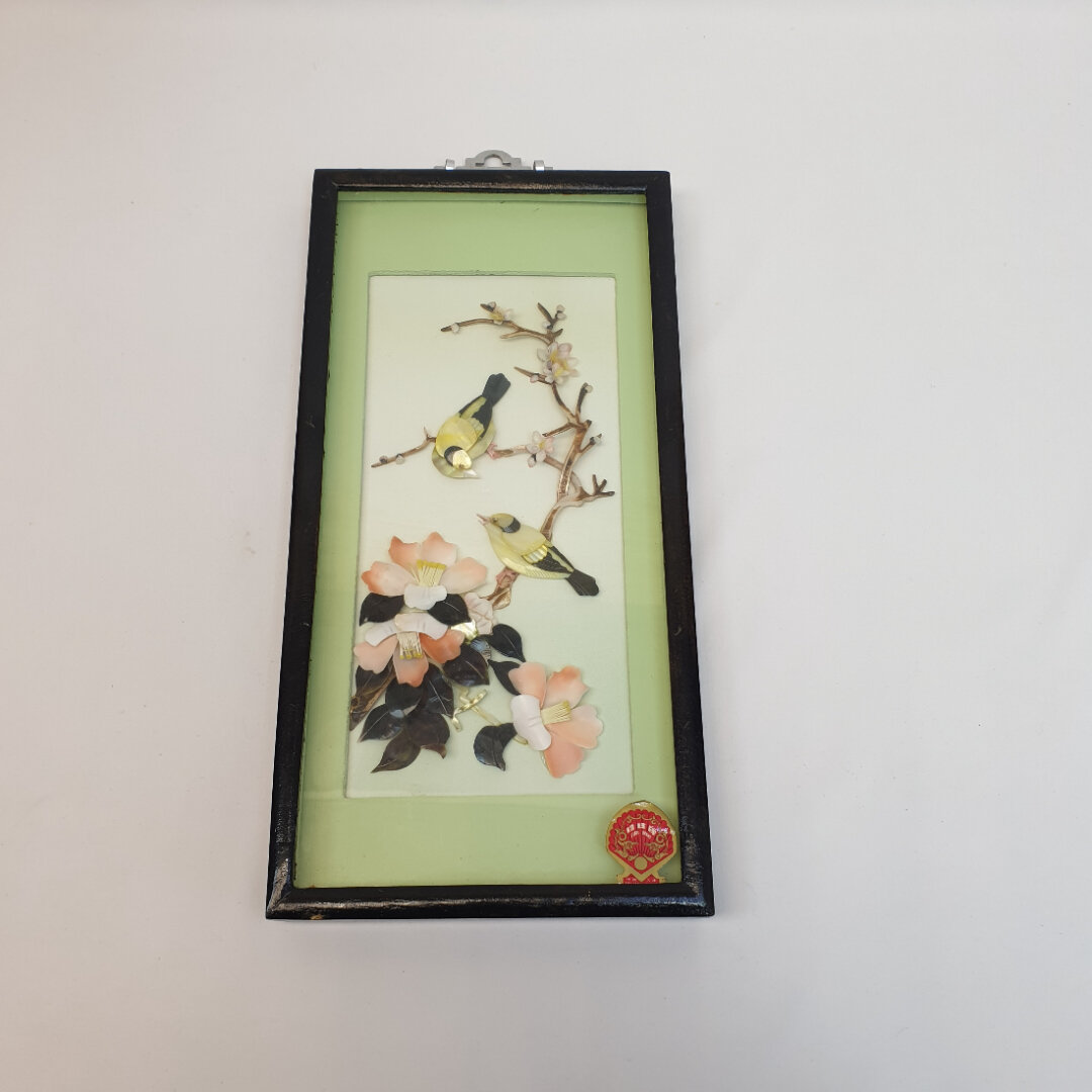 Картина панно 18х36, Птицы, перламутр, 50-е. винтаж Китай