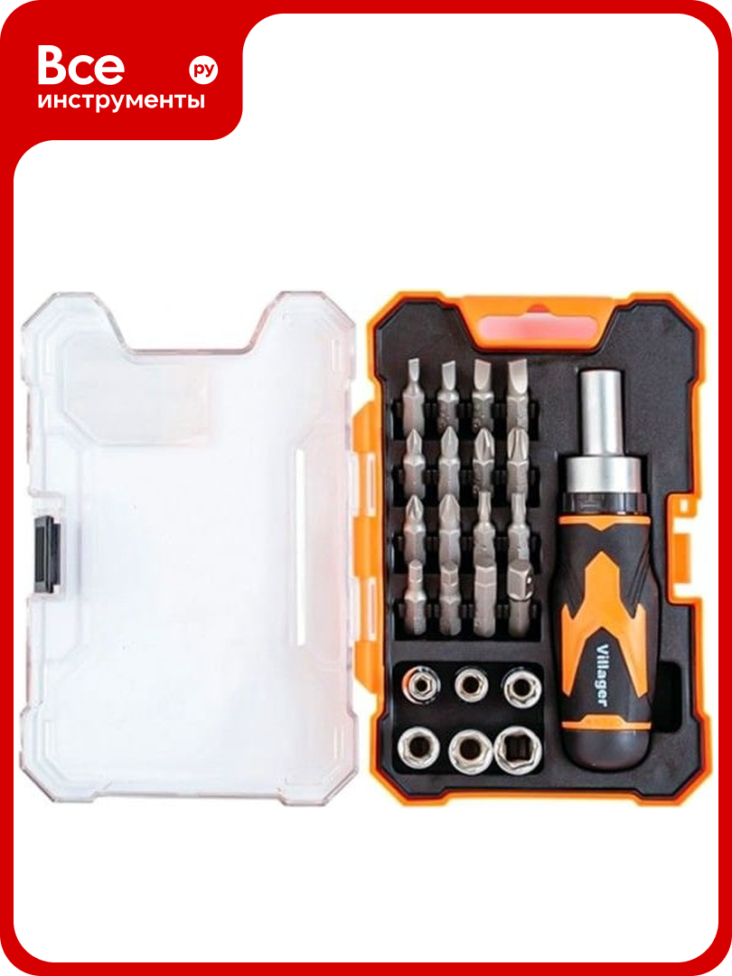 Набор бит и головок Villager 059884, 23 шт, трещоточный механизм, универсальный инструмент для бытовых