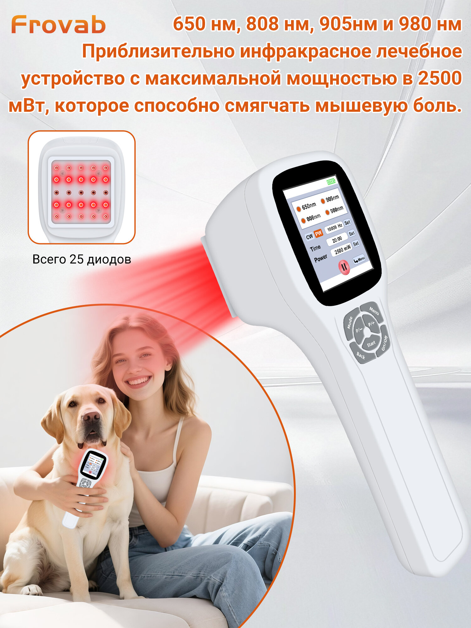 Frovab лазерный терапевтический аппарат 25 диодов 650/808/905/980nm, 2500мВт, для артрита, отеков у людей и животных