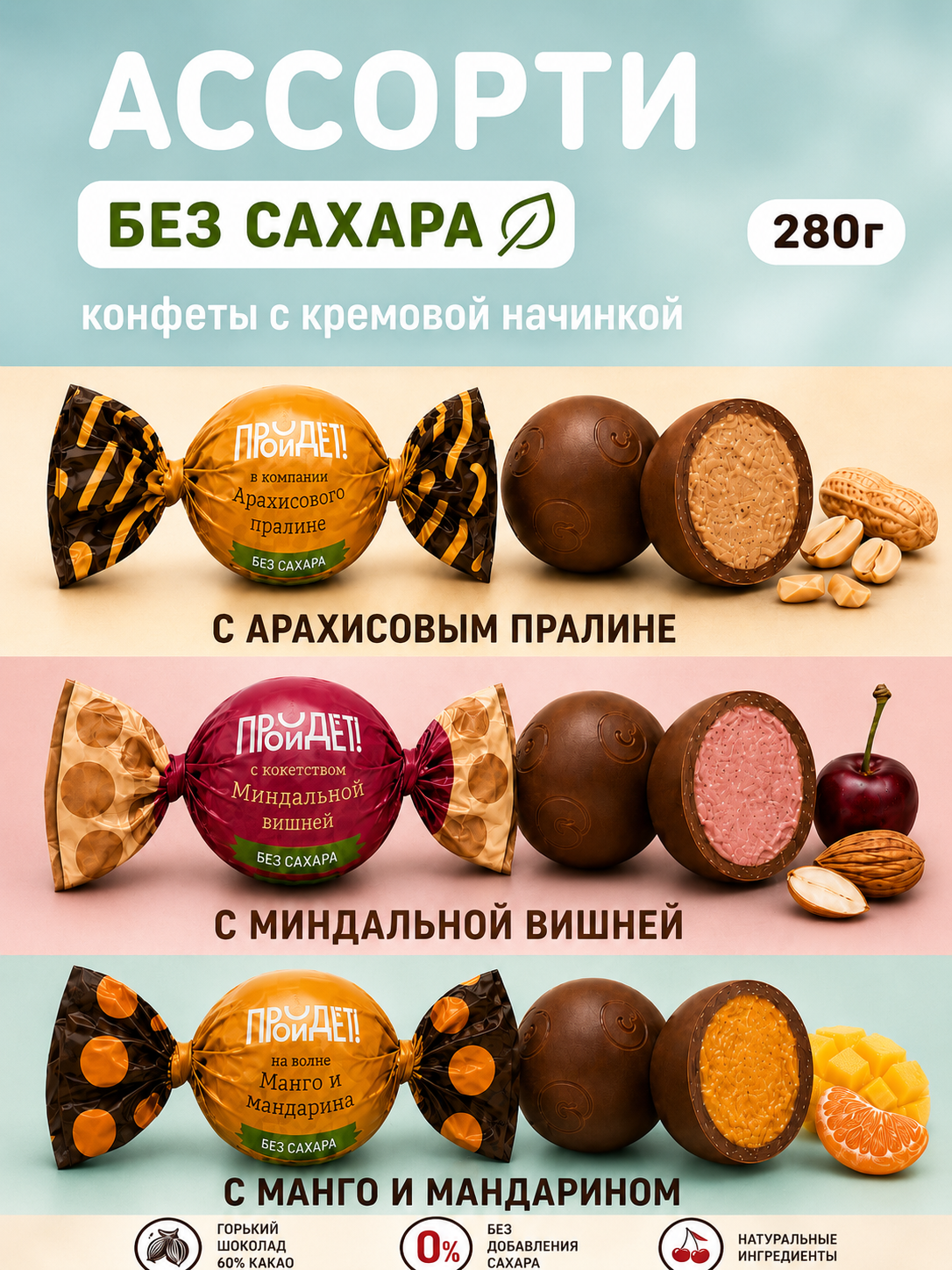Конфеты шоколадные без сахара Ассорти 3 вкуса 280 гр. "Томер"