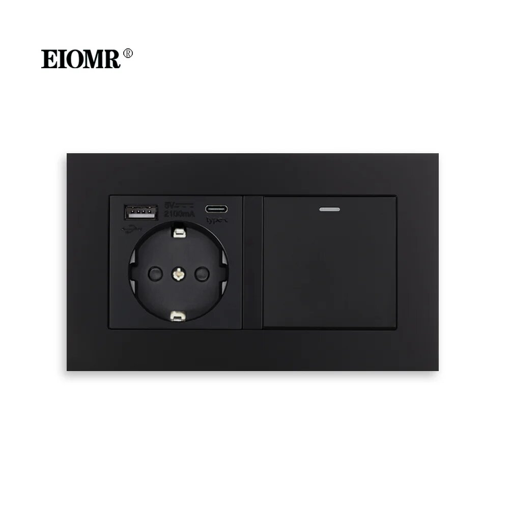 Розетка с USB и выключателем EIOMR A1 Black 1 Gang 2 Way