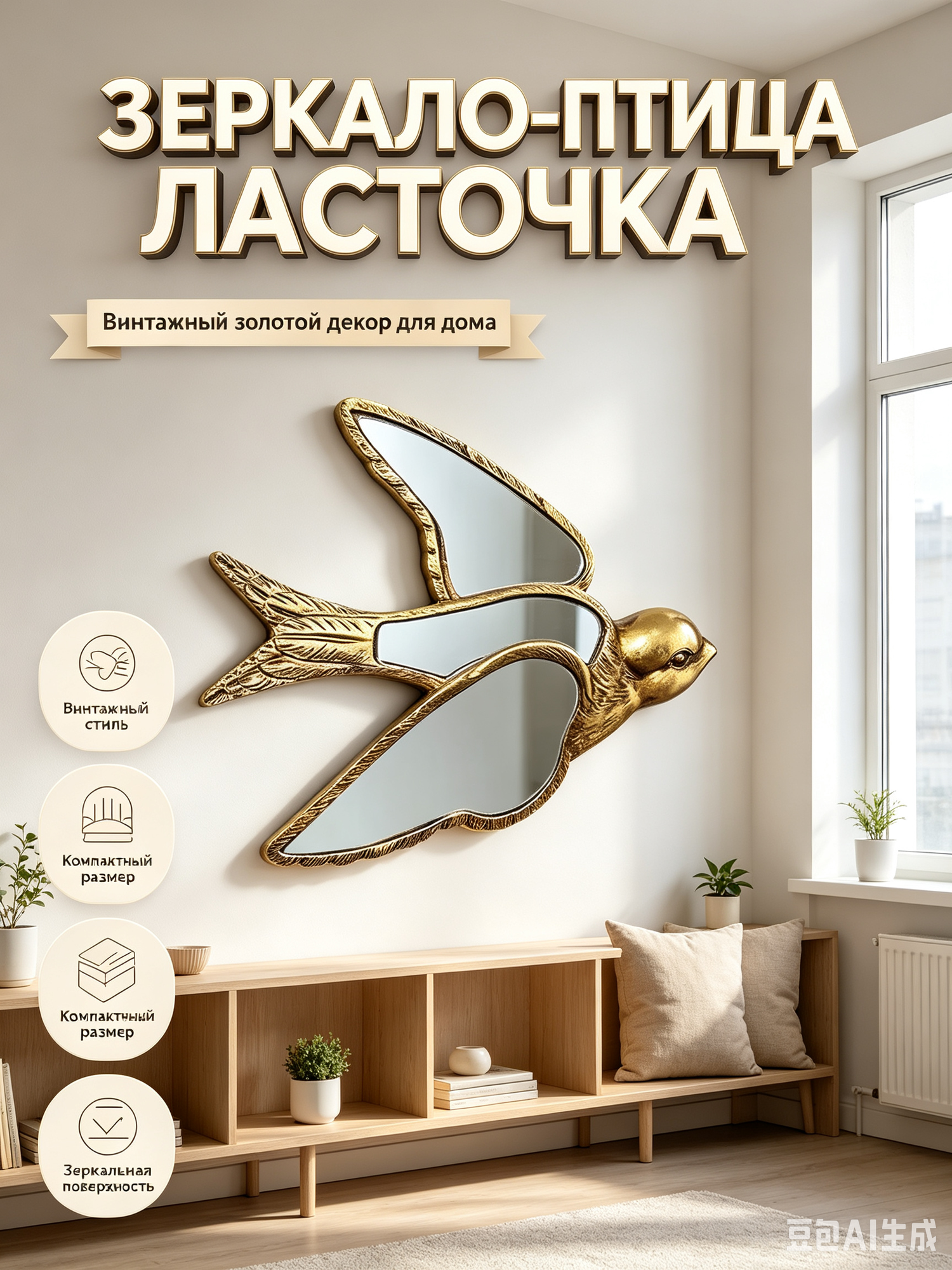 Зеркало-птица ласточка золотое настенное декор винтаж, настенное зеркало небольшой размер для дома