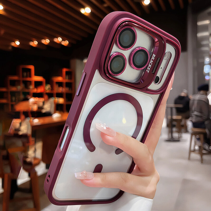 Чехол для смартфона 17 Pro магнитный ударопрочный бордовый с держателем объектива и защитным стеклом для камеры