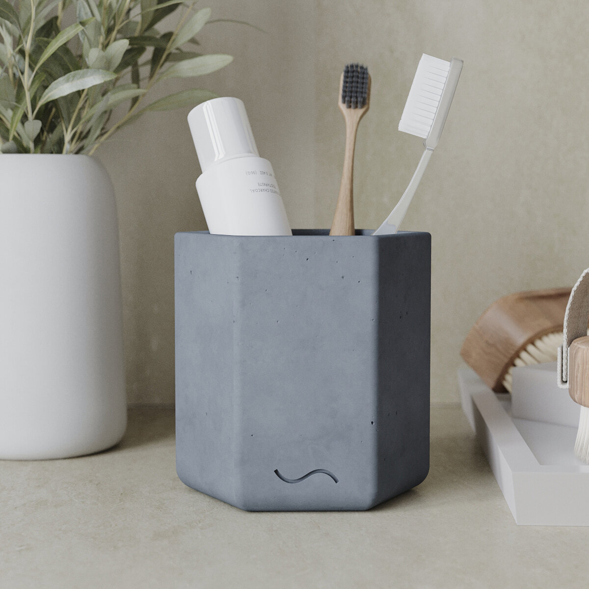 Стакан для зубных щёток, стакан для ванной Sakura, 11x9х11 см, бетон, графитовый матовый