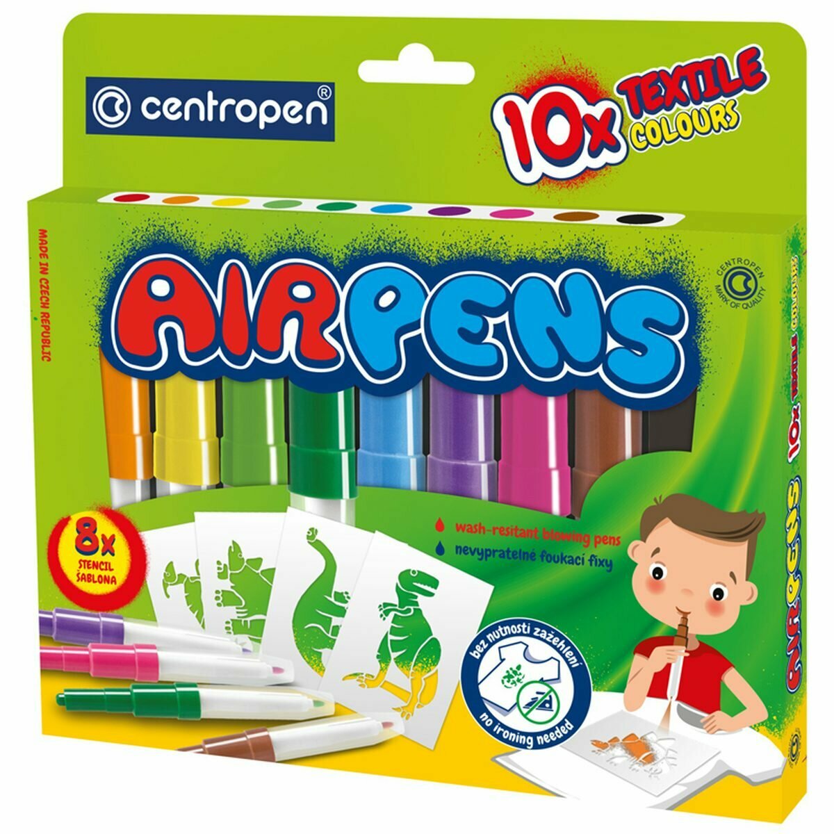 Набор фломастеров воздушных 10 цветов Centropen AirPens Textile, 8 трафаретов, картон. уп. (6 1539 1001), 12 уп.