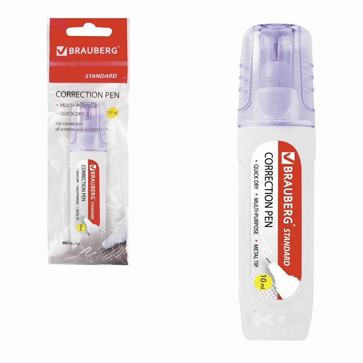 Корректирующая ручка Brauberg, 10мл, металлический наконечник, в упаковке с подвесом (222059), 10шт.