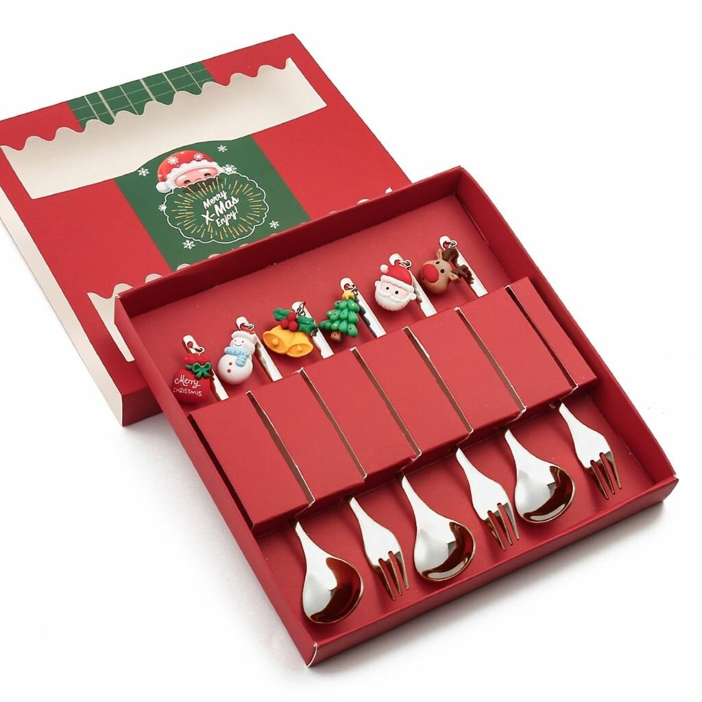 Набор из 6 фруктовых вилок из нержавеющей стали ложки кофейной ложки лунные пики, - Серебряная ложка - вилка