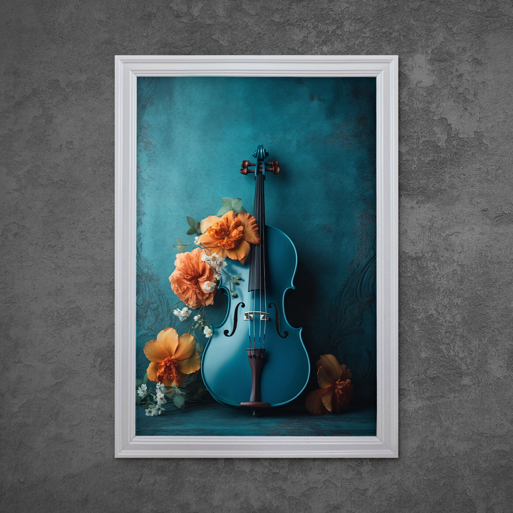 Картина в белом багете для интерьера на стену скрипка И цветы 45х65см