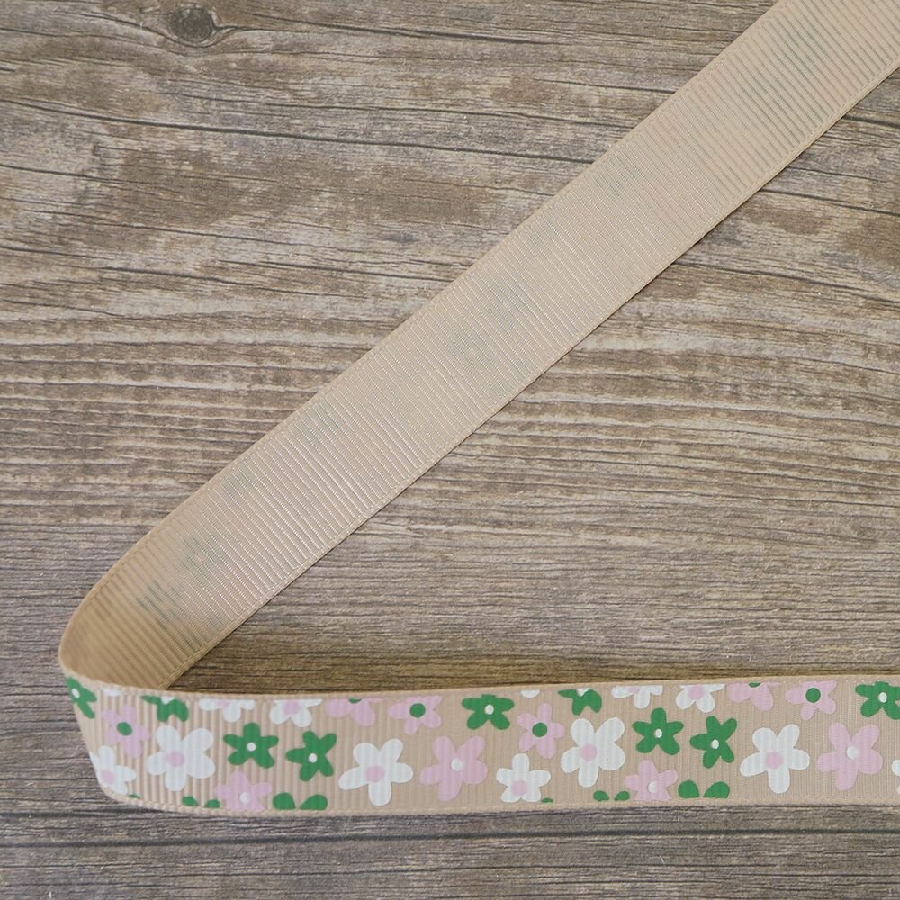 Лента репсовая HEMLINE "Bowtique", Цветочки, серо-розовая, 5 м, на картонной катушке