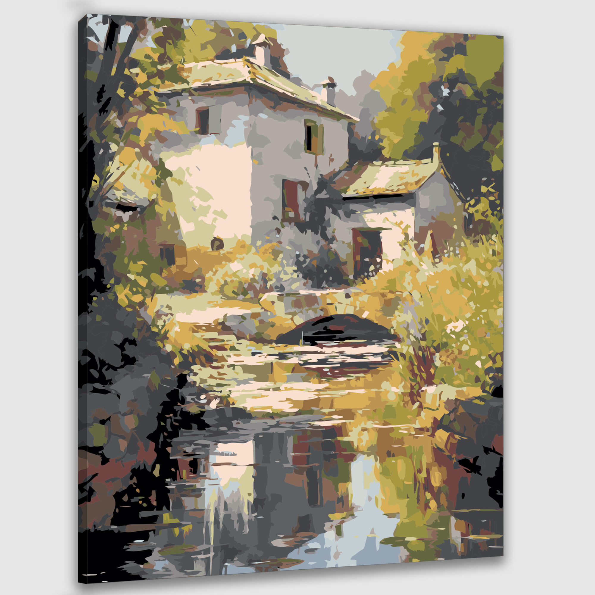 Картина по номерам 40x50 см, картина маслом, деревня, импрессионисты, свет, тени, здания, ручей, отражения, листва