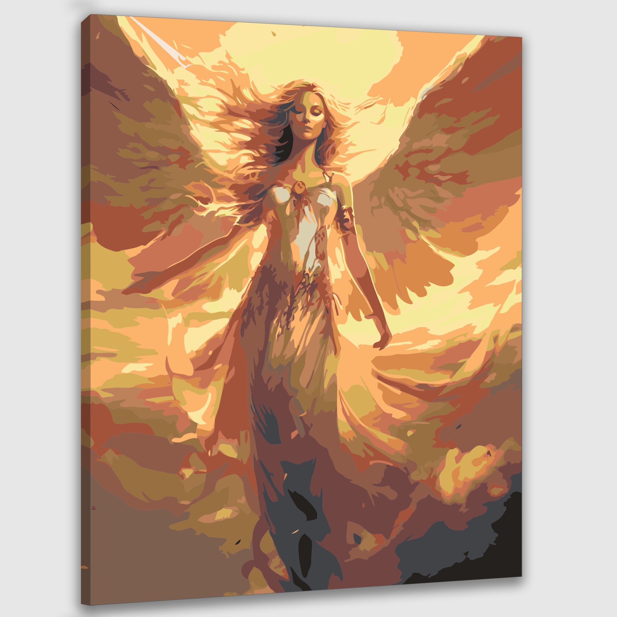 Картина по номерам 40x50 см, ангел, крылья, закат, теплые оттенки, золотой свет, неземная фигура, лучезарное сияние