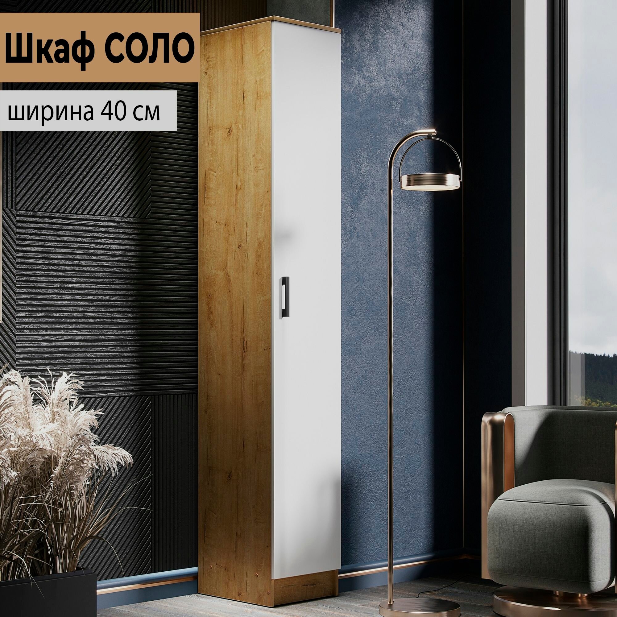 Шкаф Соло Дуб Вотан / Белый гладкий, в спальню, в гостиную, в прихожую