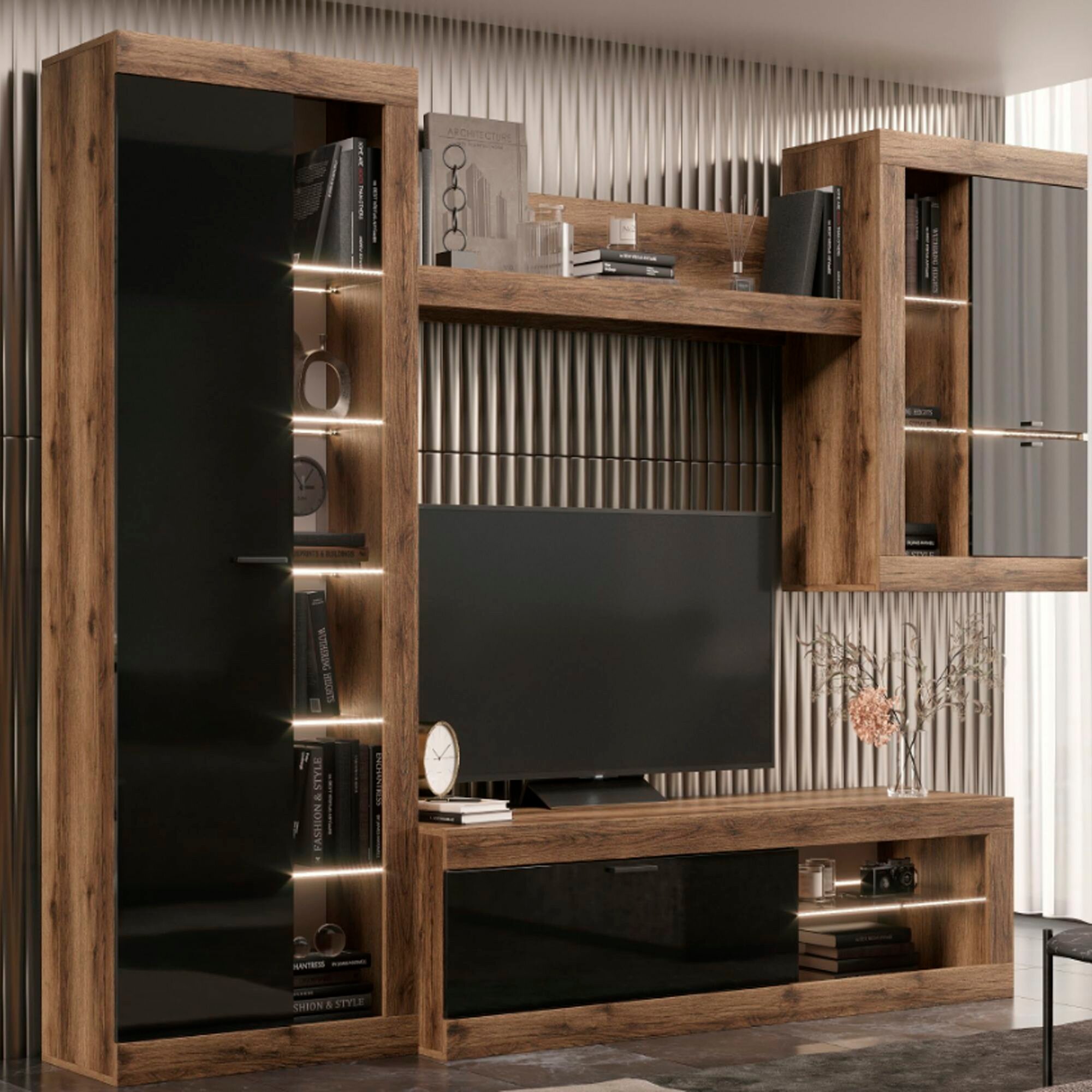 Модульная гостиная "прага", комплект 4, Дуб Делано / Черный глянец, ширина 252.2 см, стенка с полками, тумба для TV