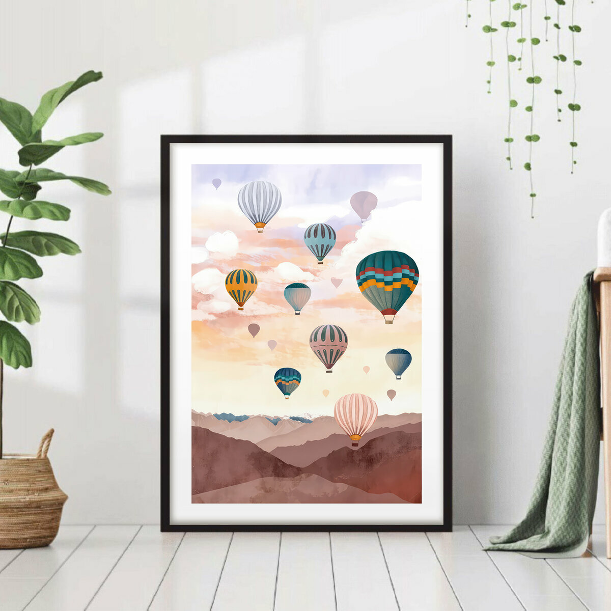 Постер "Воздушные шары в небе" 50x70 в черной рамке на стену для интерьера