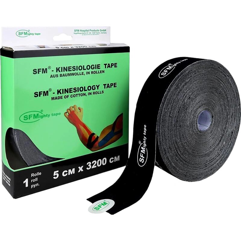 Тейп кинезио, хлопковая основа, 5х3200 см, черн, SFM-Plaster