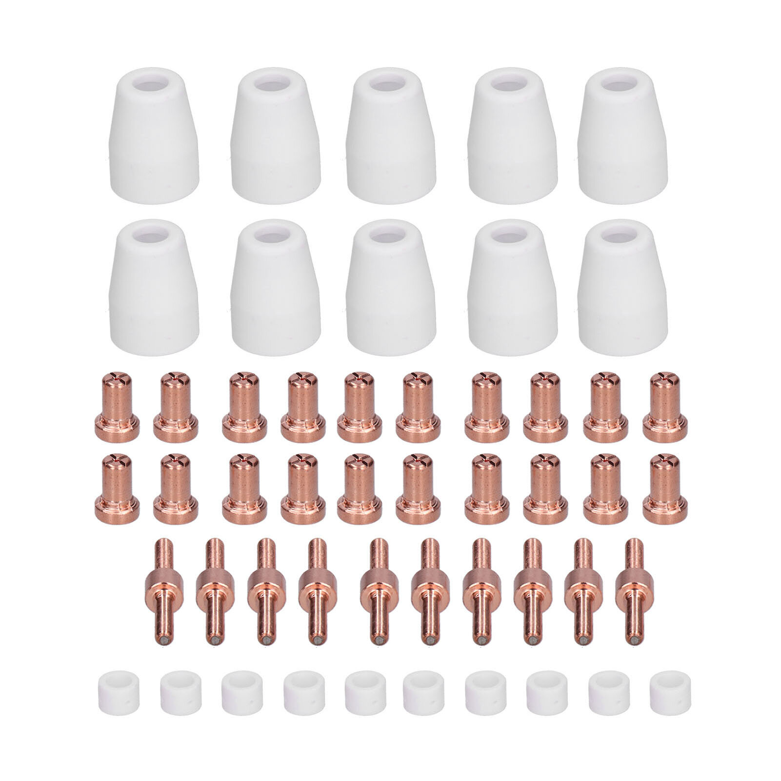 Комплект расходных материалов для плазменного резака Torch Consumables Kit Plasma Tip Nozzle PT‑3150Pcs: 10 электродов, 20 токовых сопел, 10 делителей потока, 10 керамических сопел, материал электрода: гафний, медь, токового сопла: медь,