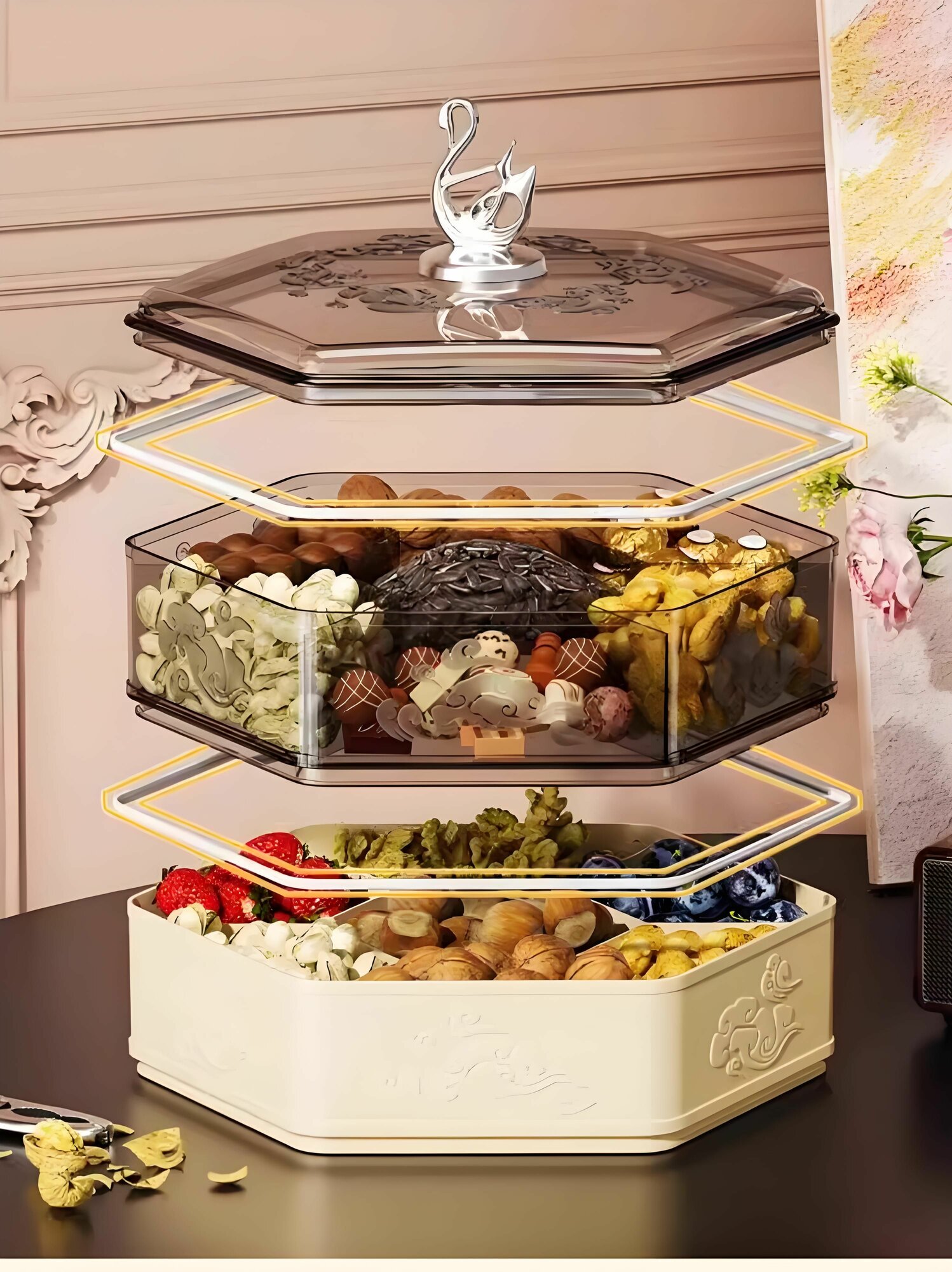 Конфетница с лебедем, 2 яруса — герметичная коробка для конфет и орехов, 1 шт.