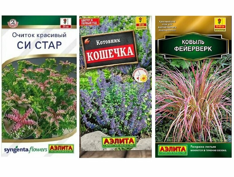 Набор семян цветов многолетников Лоскутки Осени (Очиток Красивый Си Стар, Котовник Кошечка, Ковыль Фейерверк)