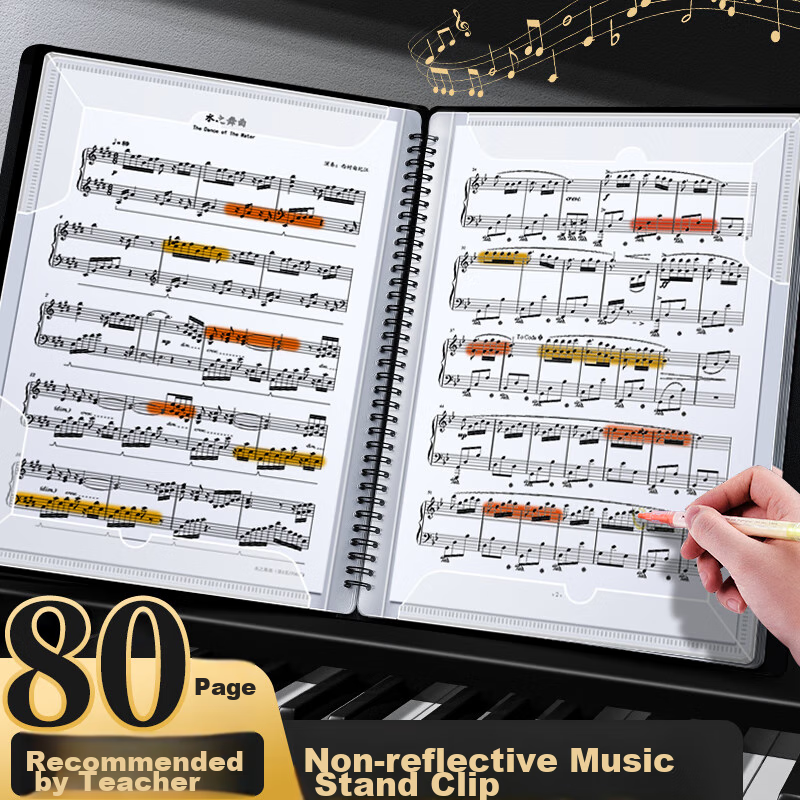 Xinshida A4/80-Page Black Sheet Music Folder, Writable Document Folder, Piano Score Folder, Piano File Folder, Document Folder, Guitar And Guzheng Sheet Music Folder, Staff Paper Folder, 34-Hole Medium-Back Hollow Design
