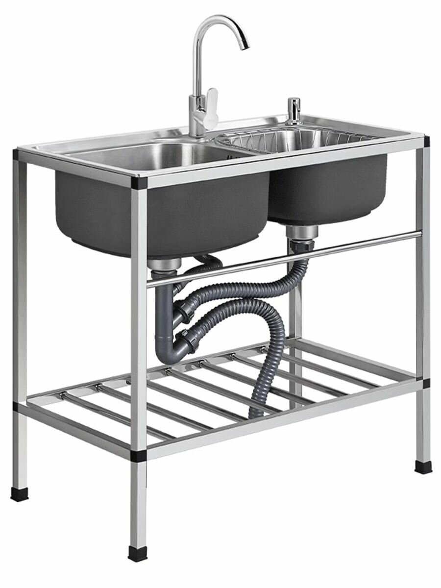 Кухонная мойка, двойная чаша из нержавеющей стали краном для горячей и холодной воды, Высота: 75см
