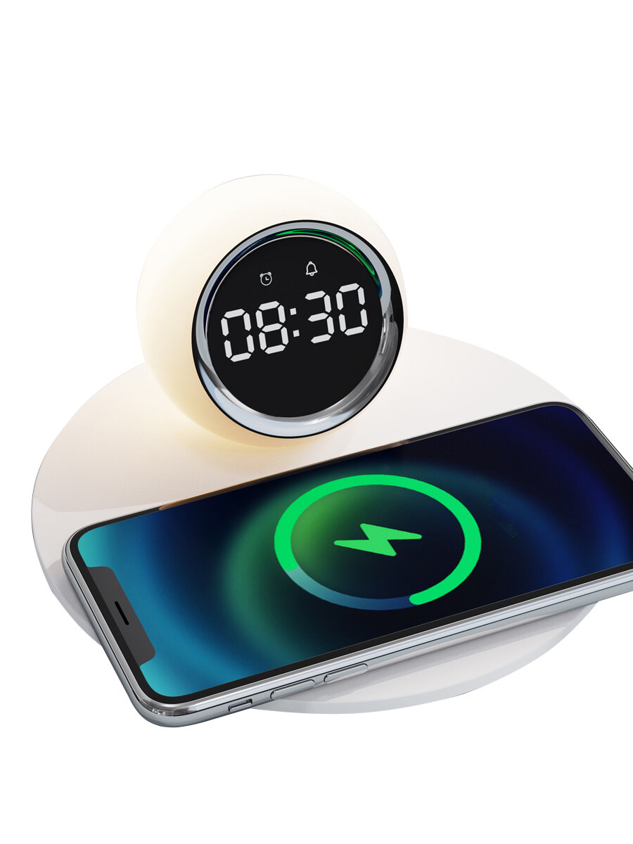 Зарядное устройство беспроводное, ночник, часы K22Tclock, белый цвет