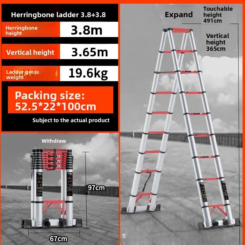 Бытовая телескопическая лестница 3,4/3,8 м, портативные утолщенные лестницы, инженерная уличная складная лестница