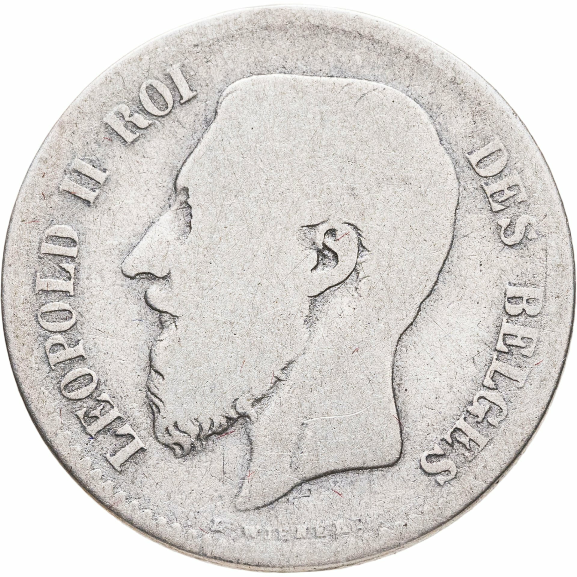 Бельгия 1 франк franc 1867 надпись на французском - "DES BELGES", Серебро 835, в сохранности F