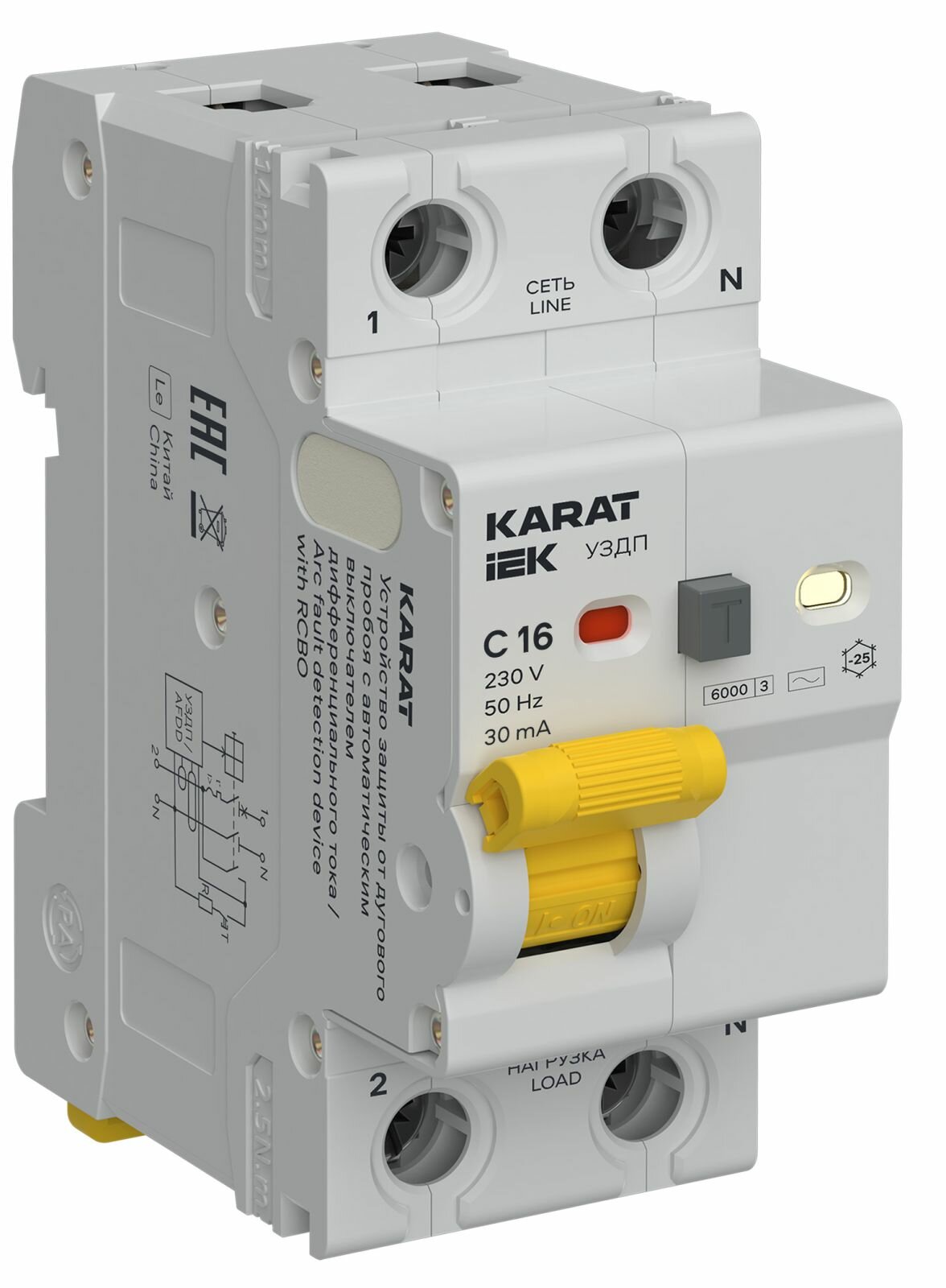 Устройство защиты от дугового пробоя IEK KARAT, с автоматическим выключателем дифференциального тока, 1P+N, характеристика C, 16А, 30мА, тип AC